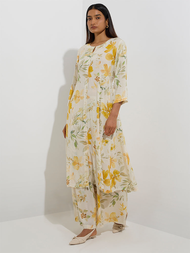 Buy Zuba Yellow Floral Design A-Line Kurta from Westside
