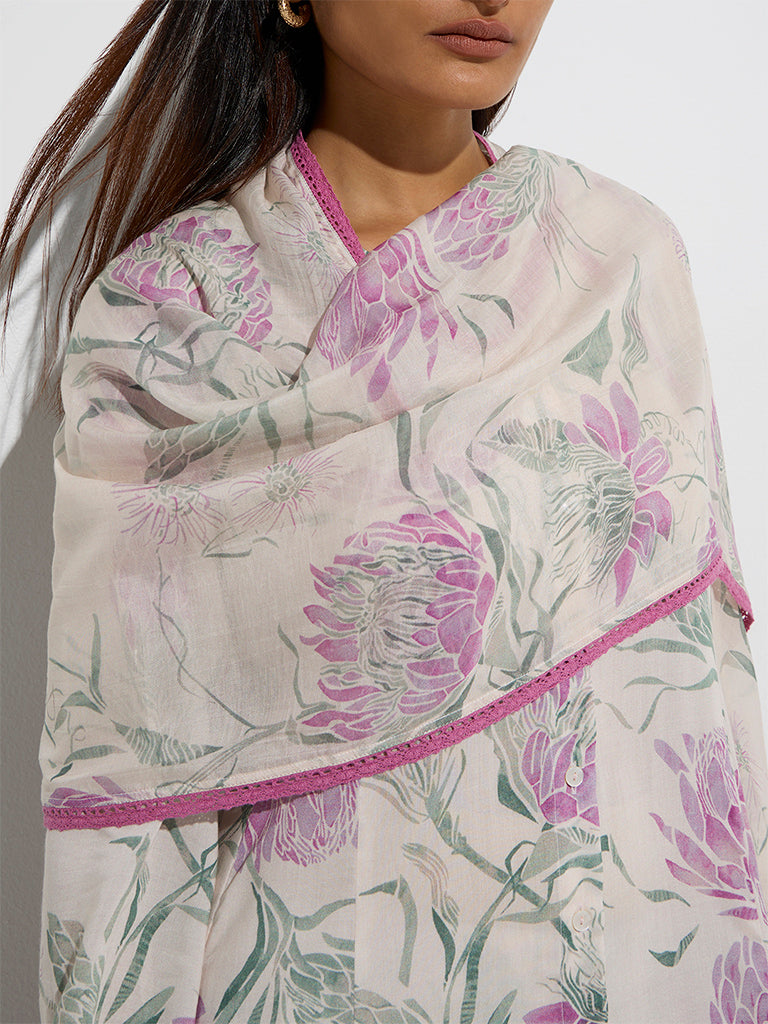 Buy Zuba Lilac Floral Design Cotton-Blend Dupatta from Westside