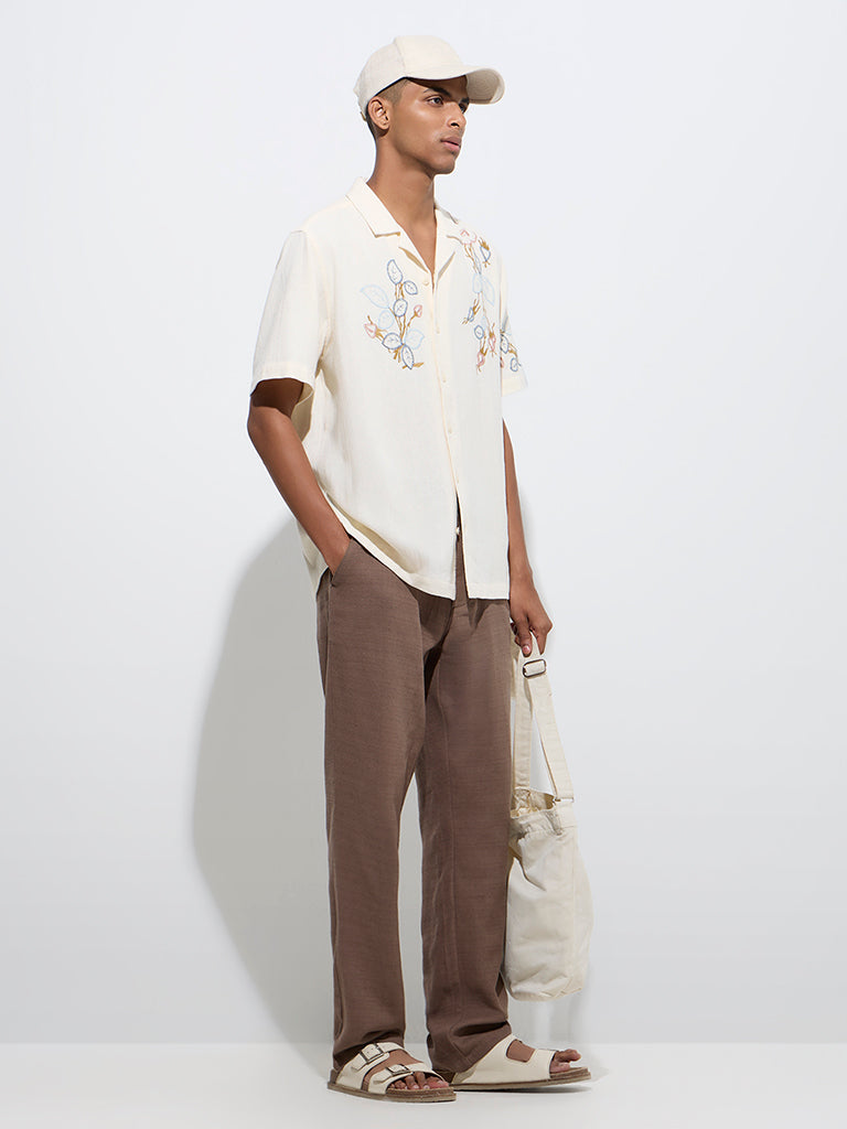Buy ETA Cream Embroidered Relaxed-Fit Cotton Shirt from Westside