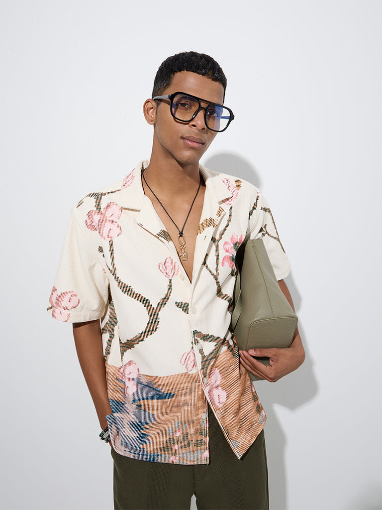 Buy ETA Cream Floral Design Relaxed-Fit Cotton Shirt from Westside