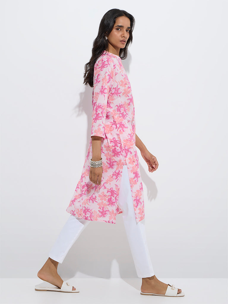 Buy Utsa Pink Floral Detailed Cotton Straight Kurta from Westside