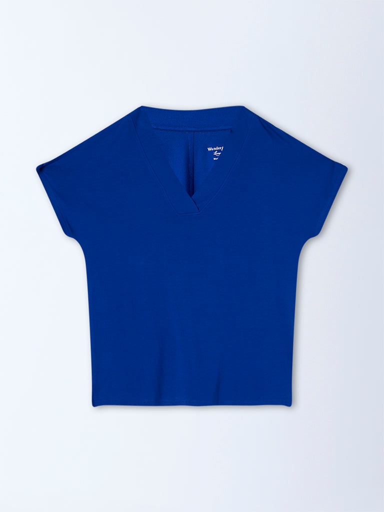 Buy Wunderlove Dark Blue Solid V-Neck T-Shirt from Westside