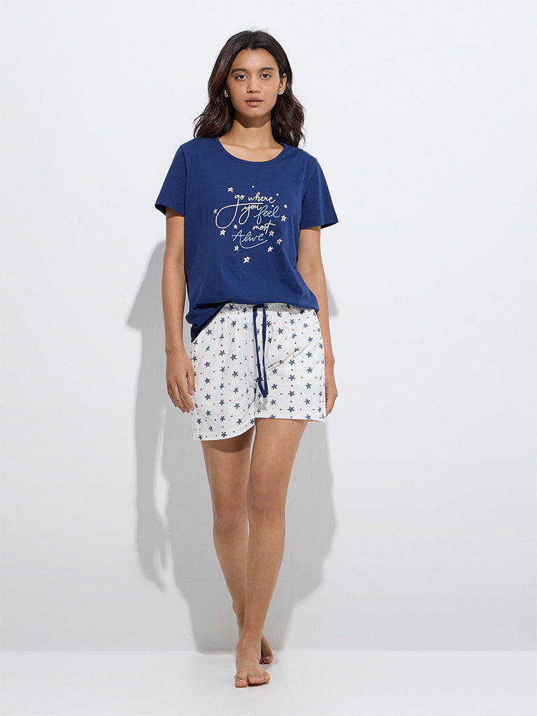 Buy Wunderlove Navy Printed Cotton T-Shirt from Westside