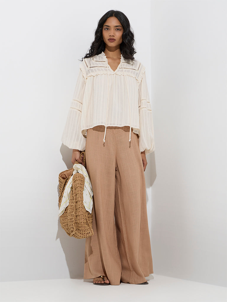 Buy LOV Off-White Self-Striped Cotton Top from Westside