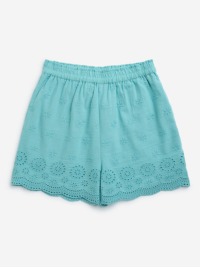 Buy Utsa Kids Aqua Schiffli Detailed Cotton-Blend Shorts - (8-14yrs ...