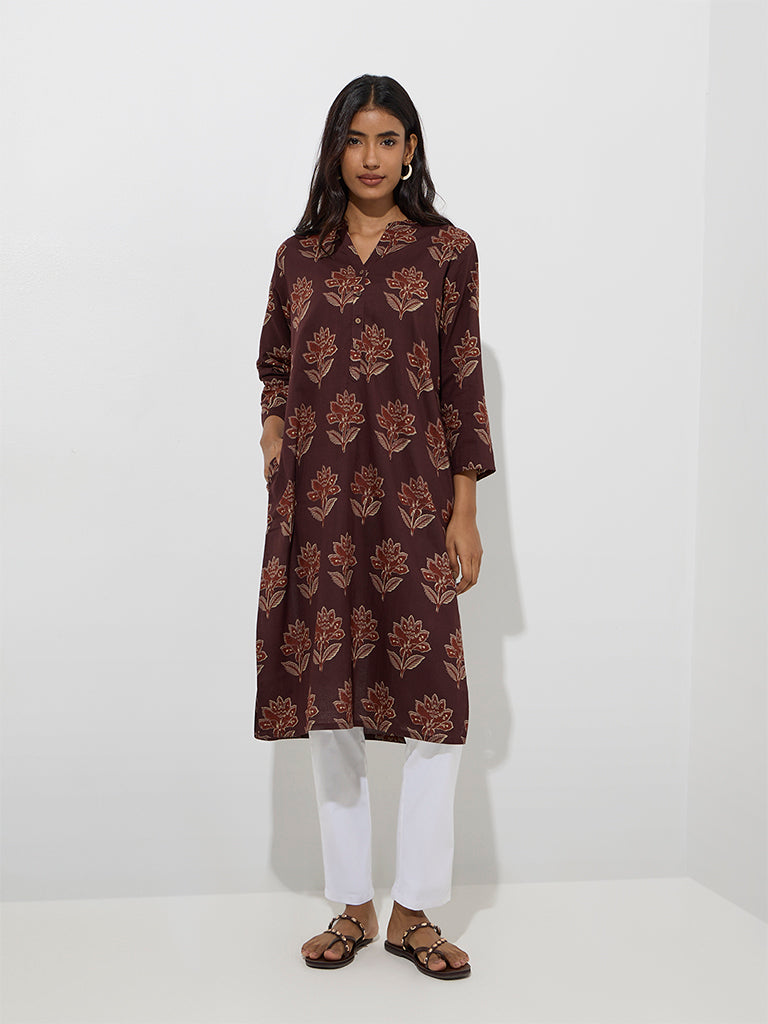 Buy Utsa Brown Floral Design Straight Cotton Kurta from Westside