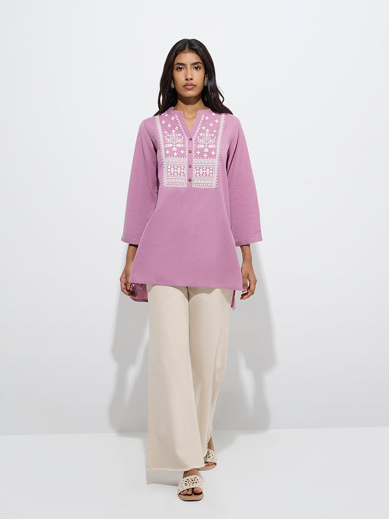 Buy Utsa Lilac Embroidered Cotton-Blend Tunic from Westside