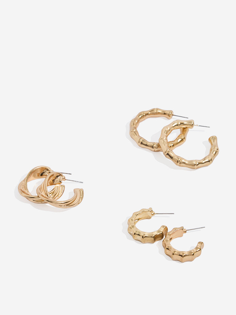 Buy Westside Accessories Gold Textured Hoop Earrings Set - Pack of 3 ...