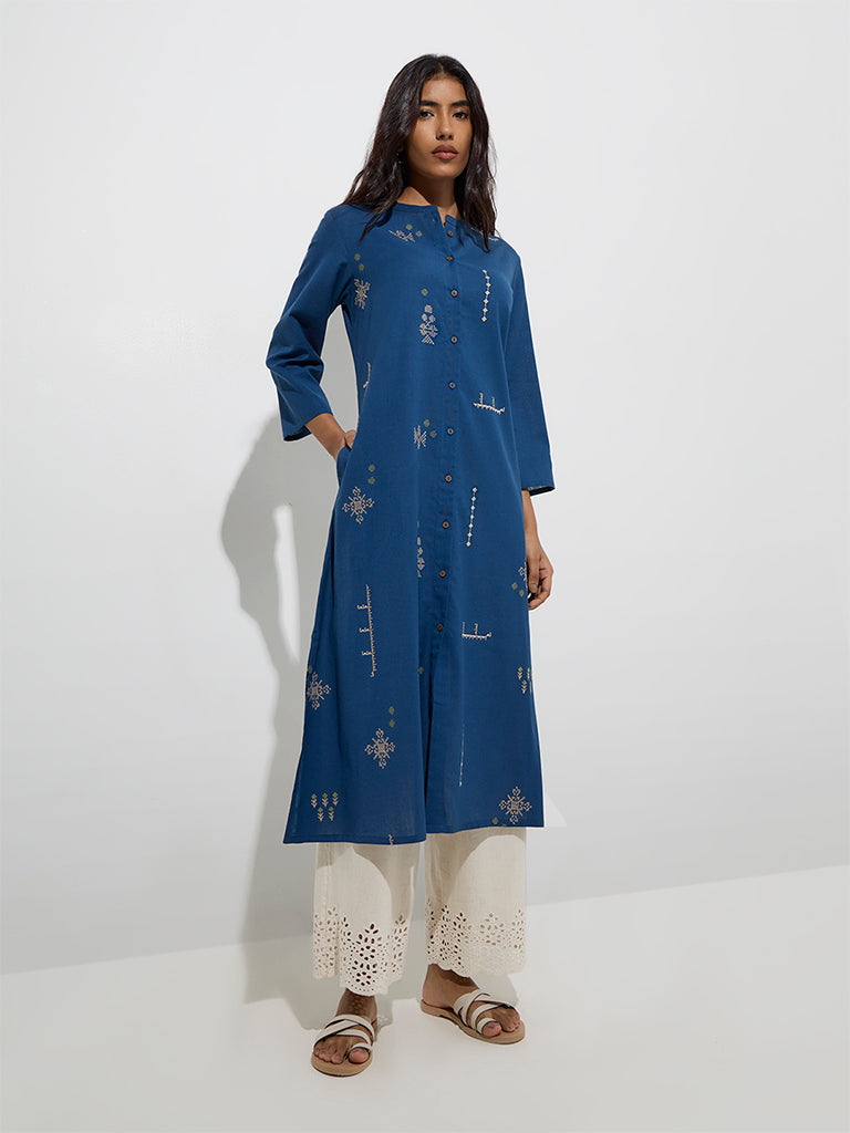 Buy Utsa Blue Embroidered Cotton-Blend A-Line Kurta from Westside