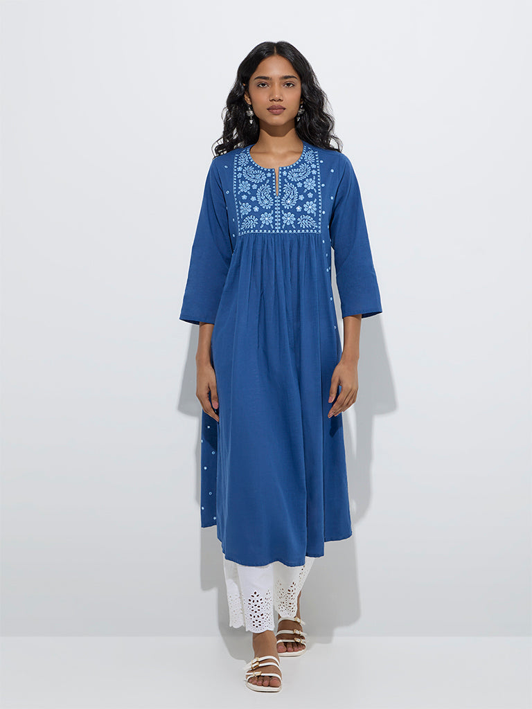 Buy Utsa Indigo Embroidered Cotton A-Line Kurta from Westside