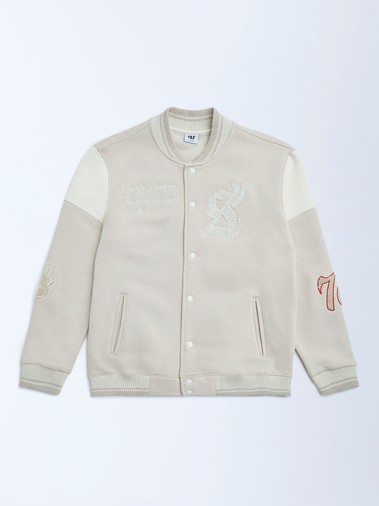 Buy Y&F Kids Boys Beige Animal Printed Cotton-Blend Varsity Jacket from ...