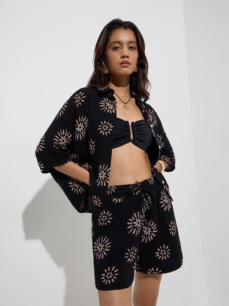 Buy Wunderlove Black Floral Detailed Cotton Beach Shirt from Westside