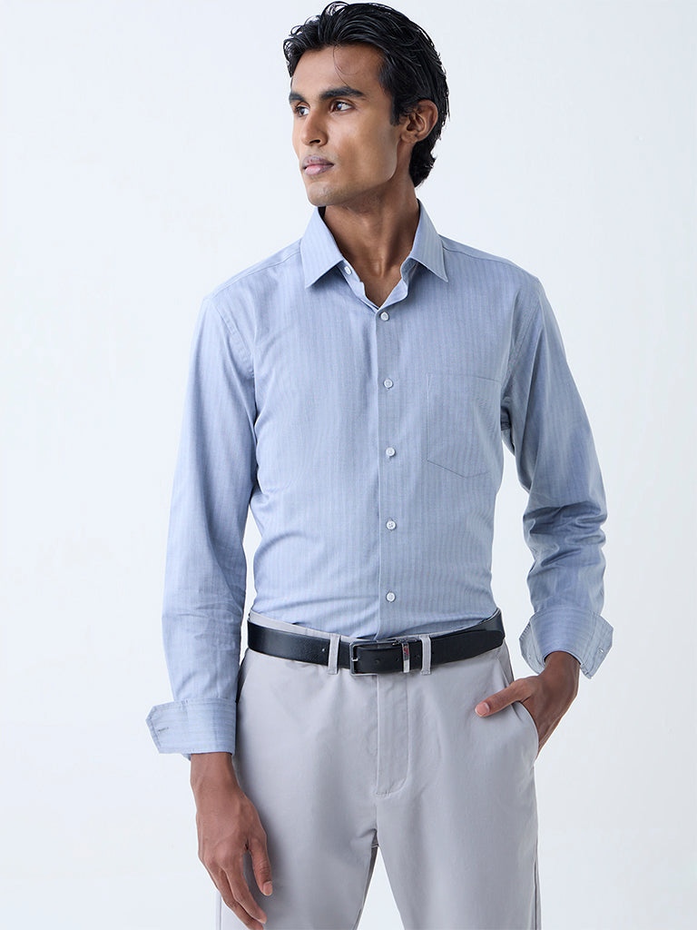 Buy WES Formals Grey Self Striped Slim-Fit Cotton Shirt from Westside