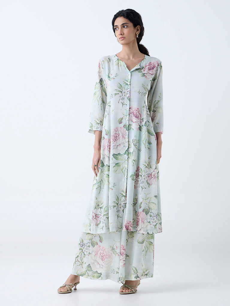 Buy Zuba Light Green Floral Design Palazzos from Westside