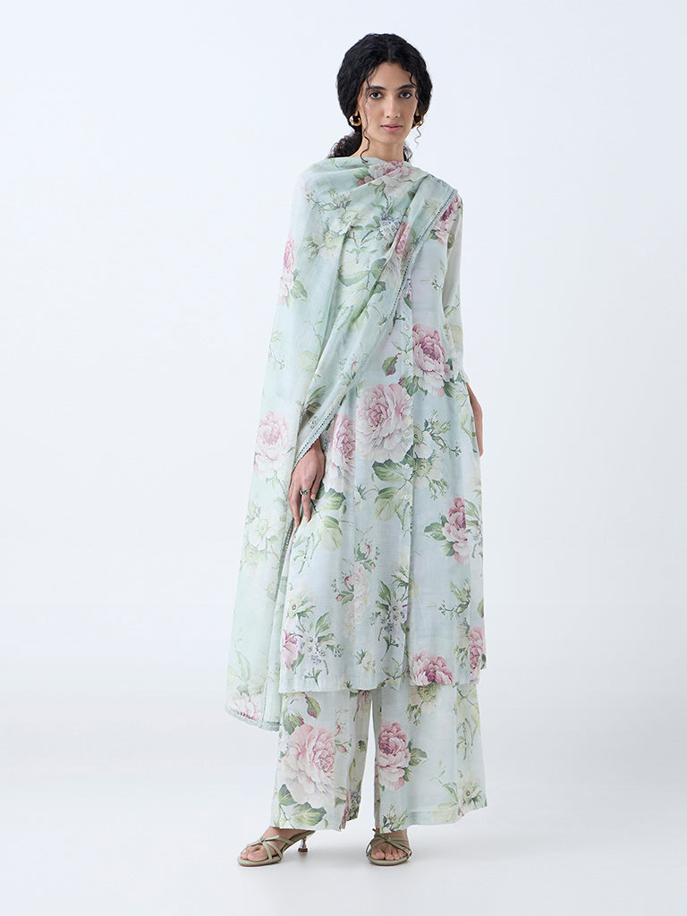 Buy Zuba Light Green Floral Design A-Line Kurta from Westside