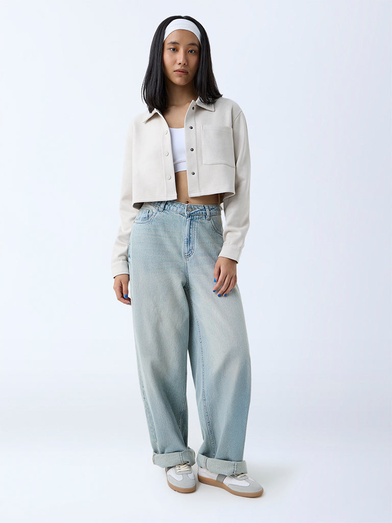 Buy Nuon Off-White Solid Suede Jacket from Westside