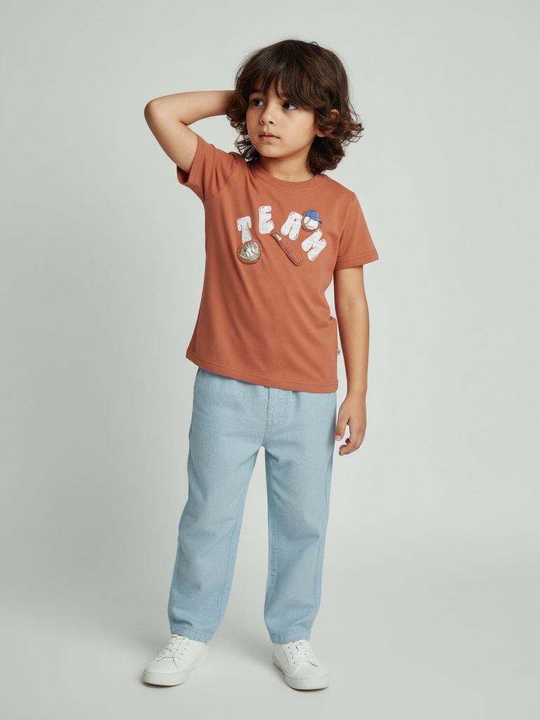 Buy HOP Kids Boys Orange Baseball-Themed Cotton T-Shirt from Westside