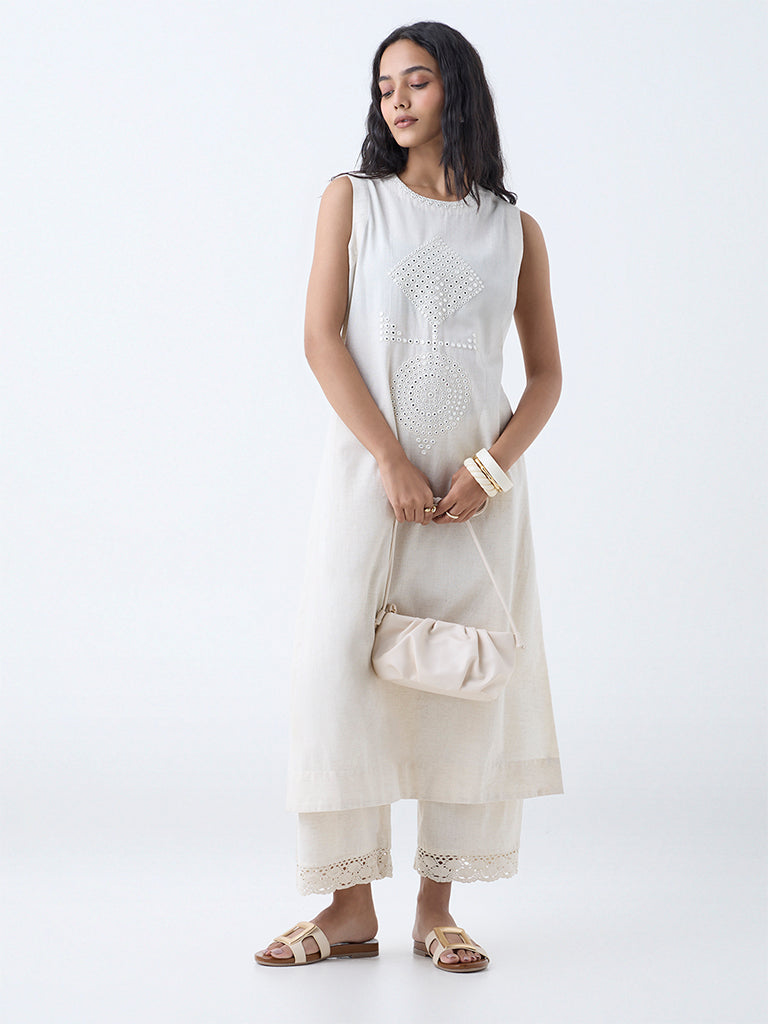 Buy Utsa Off-White Mirror Work Cotton-Blend A-Line Kurta from Westside