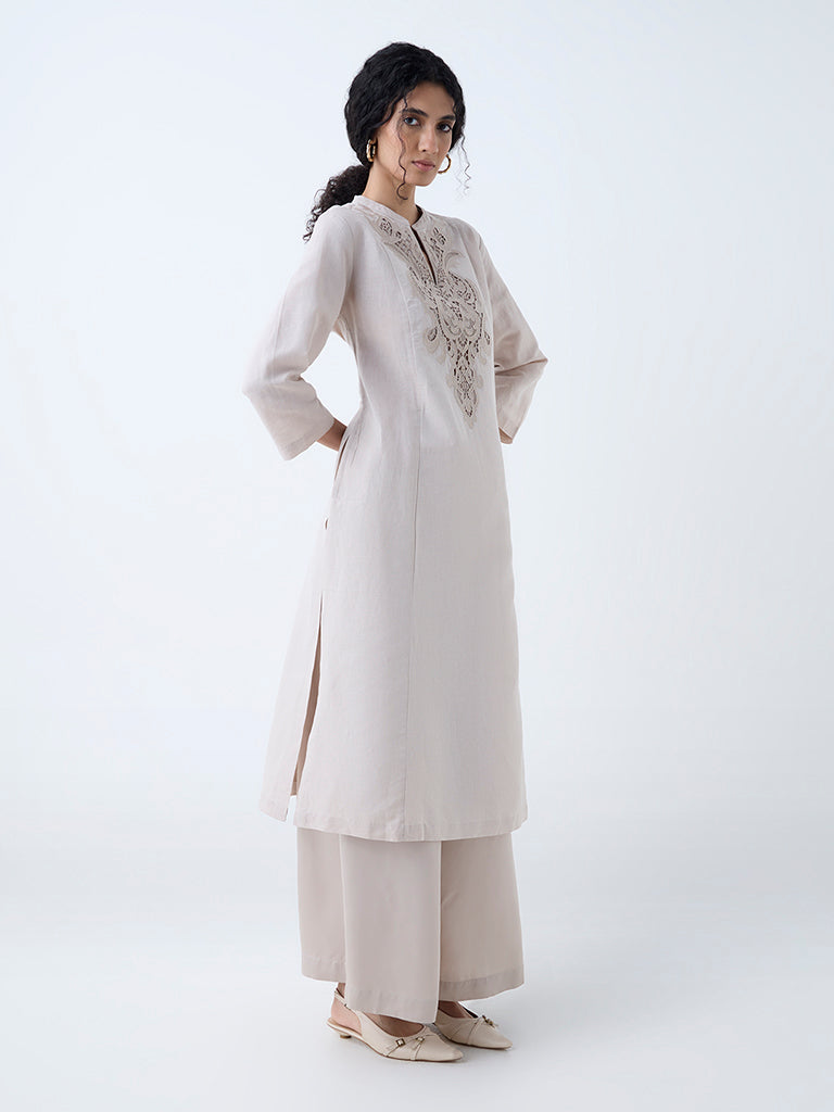 Buy Zuba Taupe Paisley Design Linen-Blend A-Line Kurta from Westside