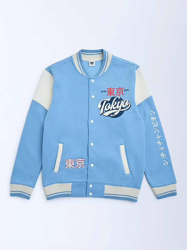 Buy Y&F Kids Boys Blue Text Design Cotton-Blend Varsity Jacket from ...