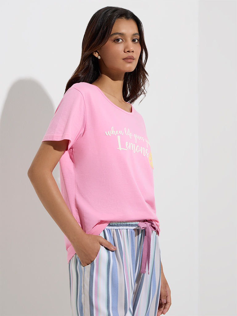 Buy Wunderlove Pink Text Printed Cotton T-Shirt from Westside