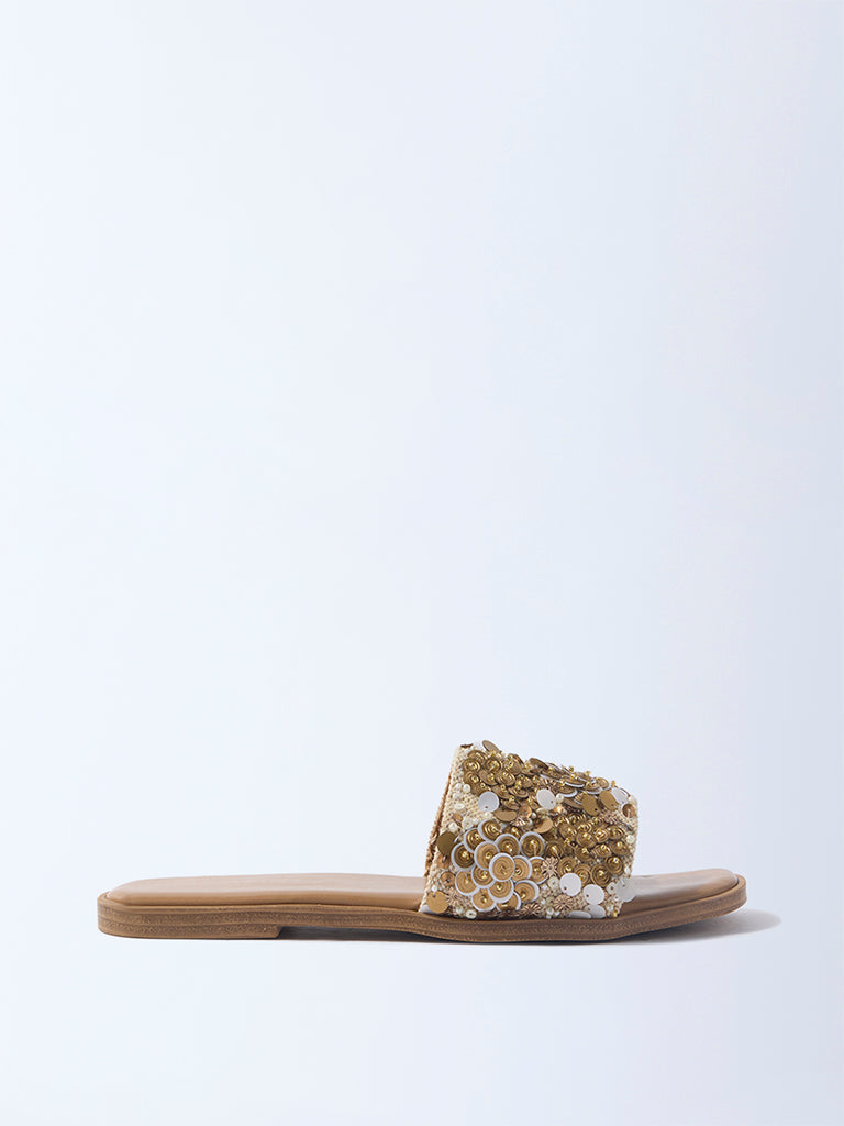 Buy LUNA BLU Light Brown Embellished Slides from Westside