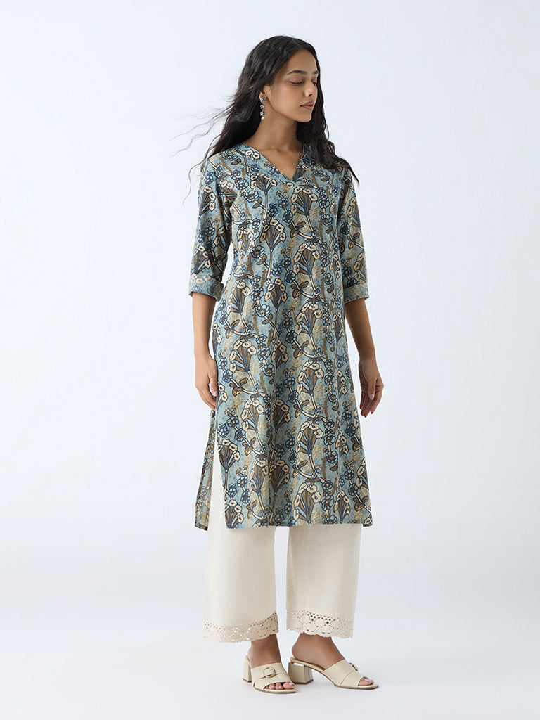 Buy Utsa Blue Floral Detailed Straight Kurta from Westside
