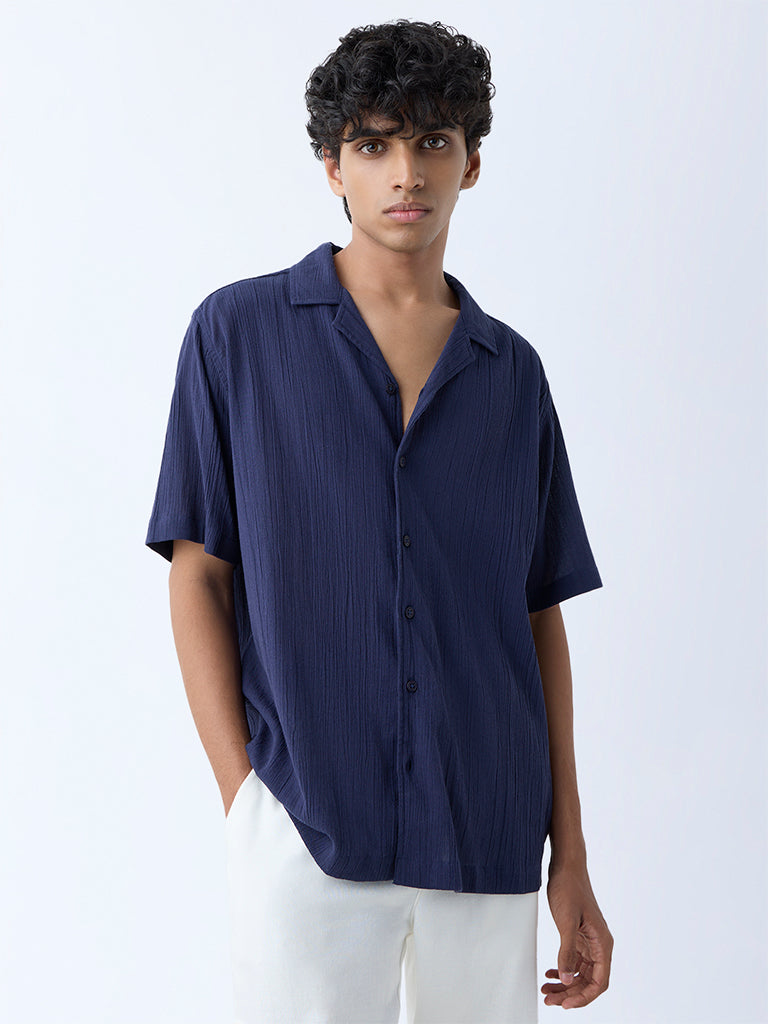 Buy ETA Navy Crinkle-Texture Relaxed-Fit Cotton Shirt from Westside