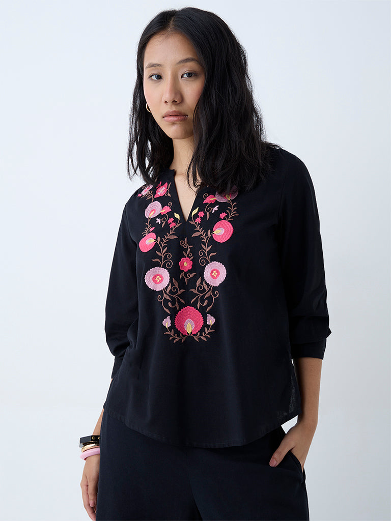 Buy Utsa Black Floral Embroidered Cotton Top from Westside