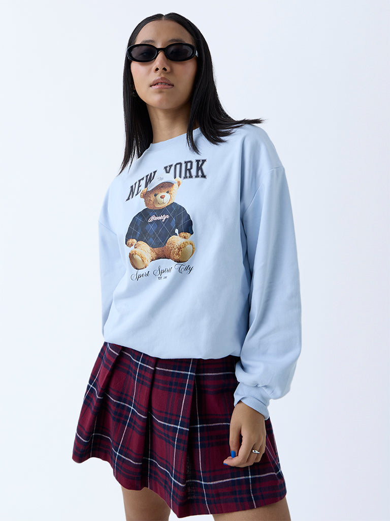 Buy Nuon Light Blue Teddy Printed Cotton Sweatshirt from Westside