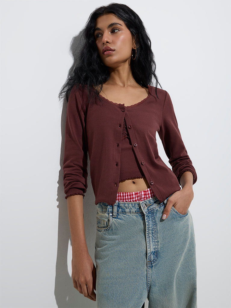 Buy Nuon Dark Brown Solid Cotton-Blend Top with Inner Set from Westside