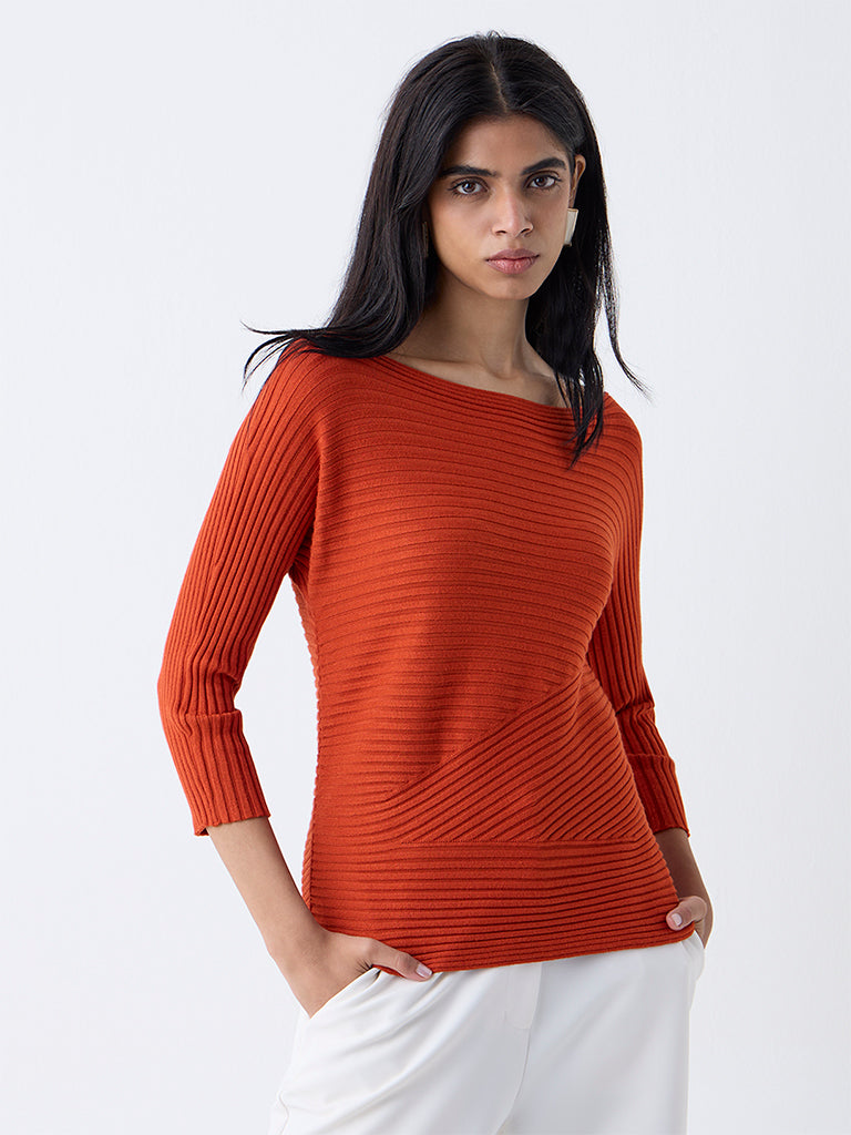Buy Wardrobe Orange Self-Striped Top from Westside
