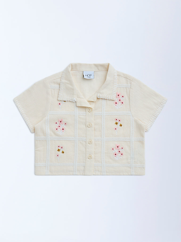 Buy HOP Kids Girls Cream Floral Embroidered Cotton Shirt from Westside
