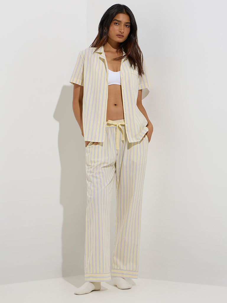 Buy Wunderlove Yellow Striped Cotton Shirt and Pyjama Set from Westside