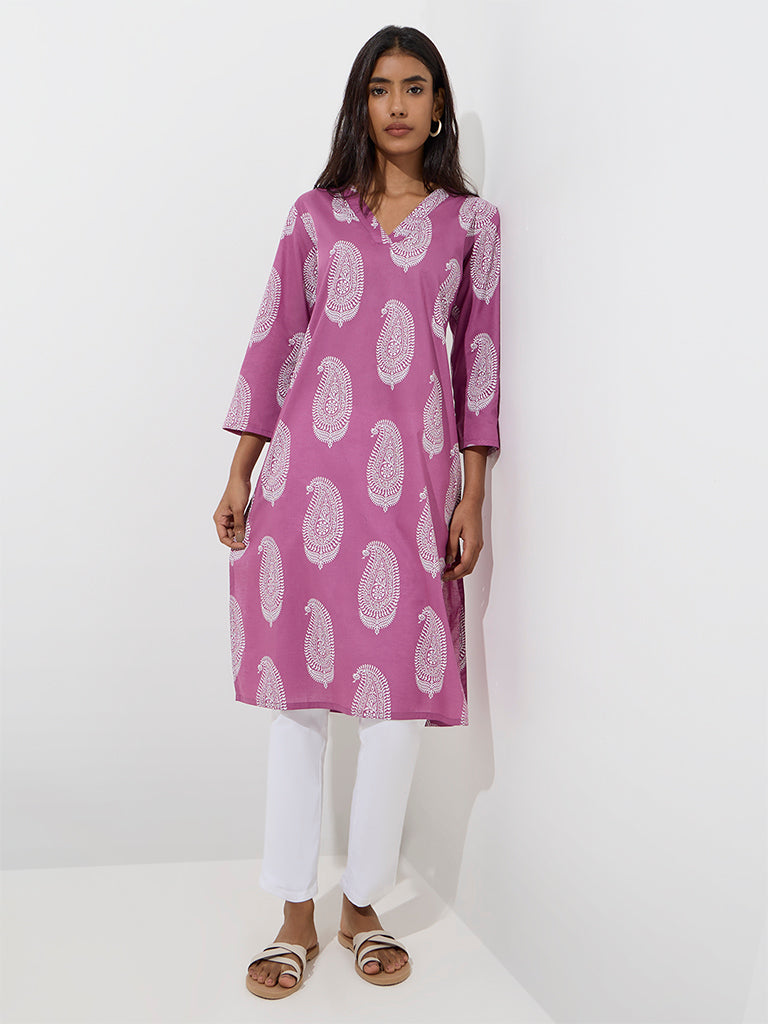 Buy Utsa Purple Paisley Detailed Cotton Straight Kurta from Westside