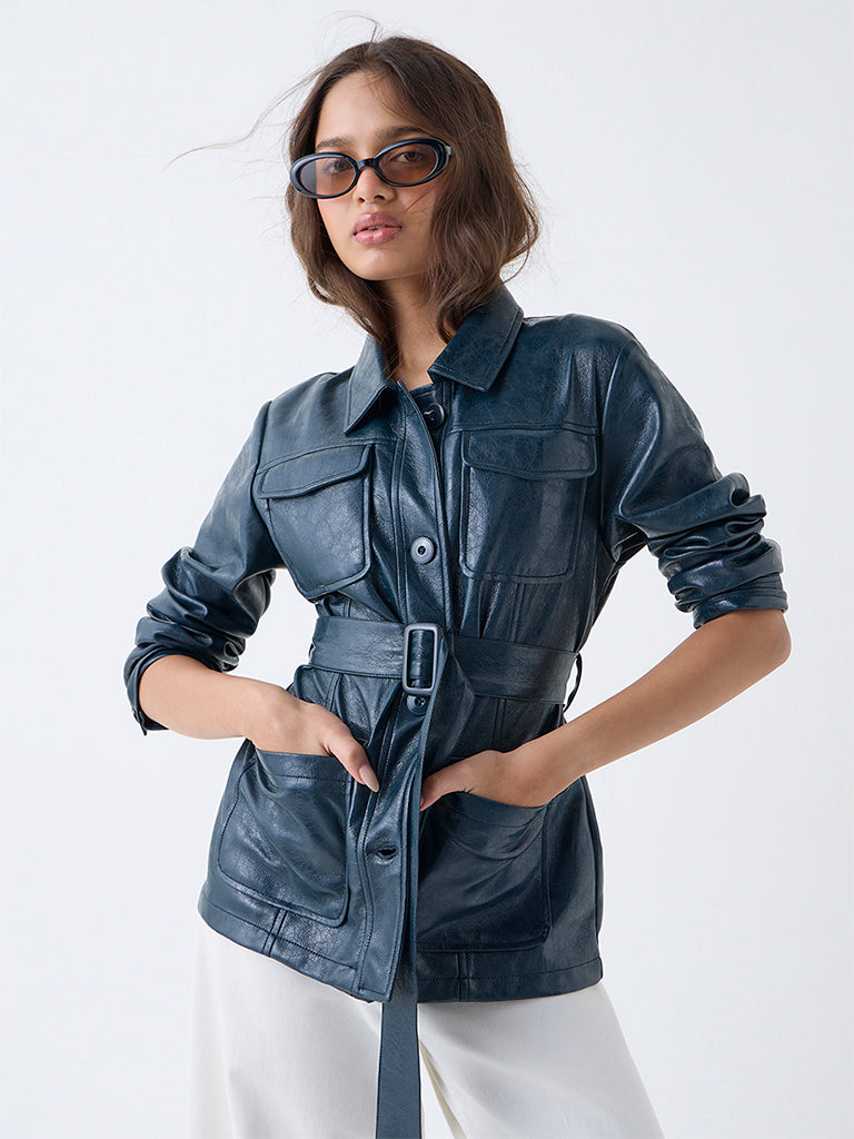 Buy LOV Teal Faux Leather Jacket with Belt from Westside