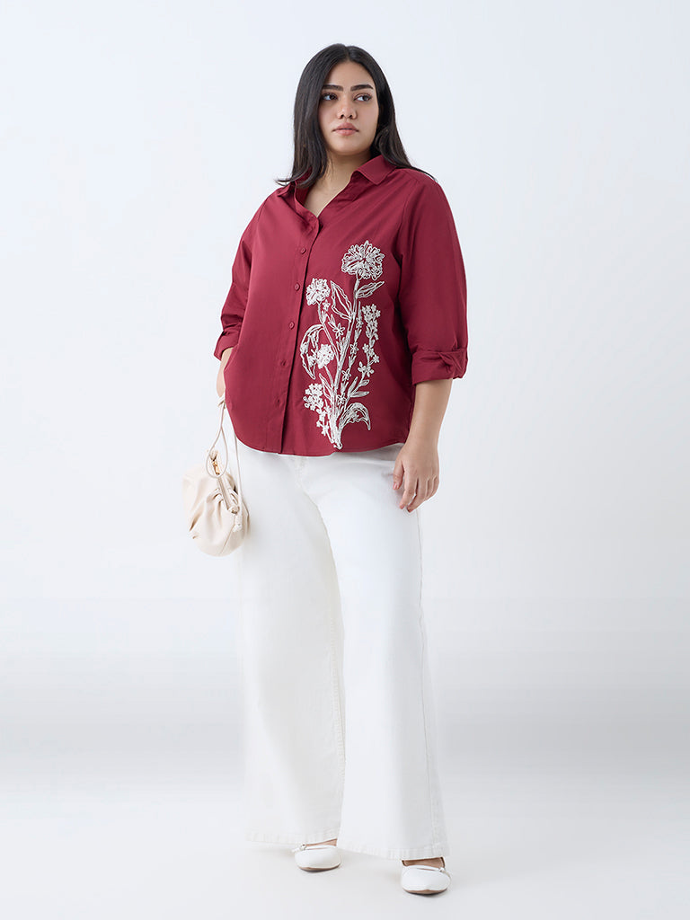 Buy Gia Maroon Floral Embroidered Cotton Shirt from Westside