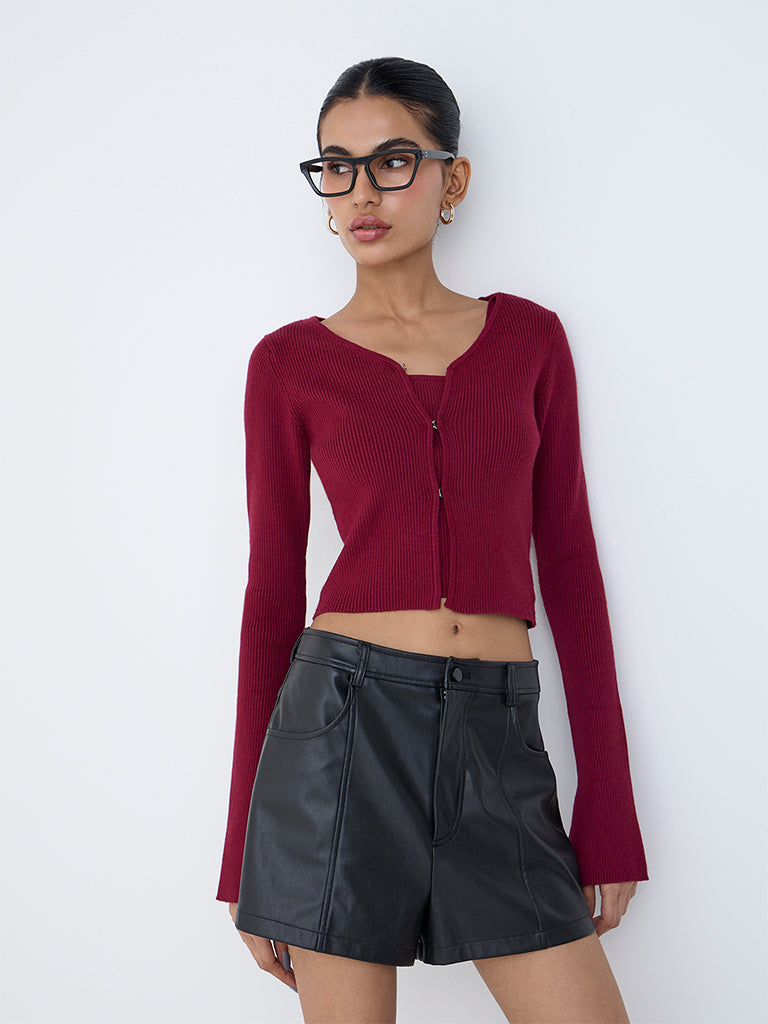 Buy Nuon Red Ribbed Textured Cardigan with Inner from Westside