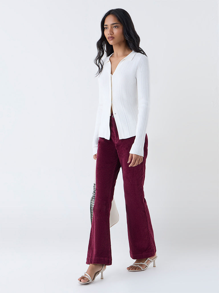 Buy LOV White Ribbed-Textured Cardigan from Westside