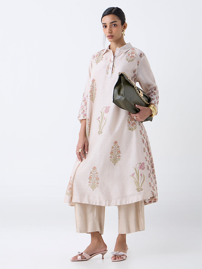 Buy Zuba Beige Botanical Design Cotton A-Line Kurta with Inner from ...