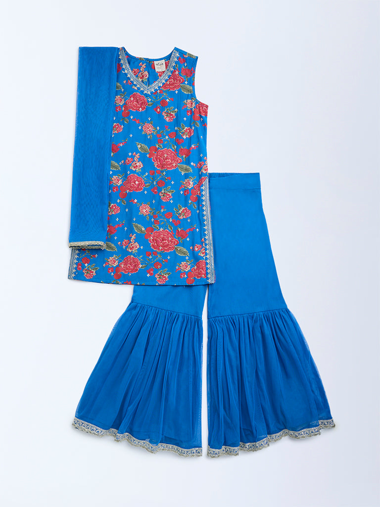 Buy Utsa Kids Girls Blue Floral Pattern Straight Ethnic Set - (8-14yrs ...