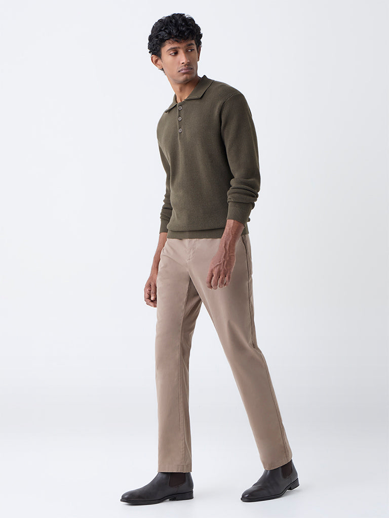 Buy Ascot Olive Knit-Textured Relaxed-Fit Cotton Polo Sweater from Westside