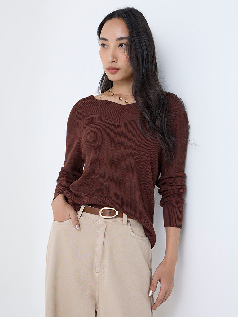 Buy LOV Dark Brown Knit-Textured Top from Westside