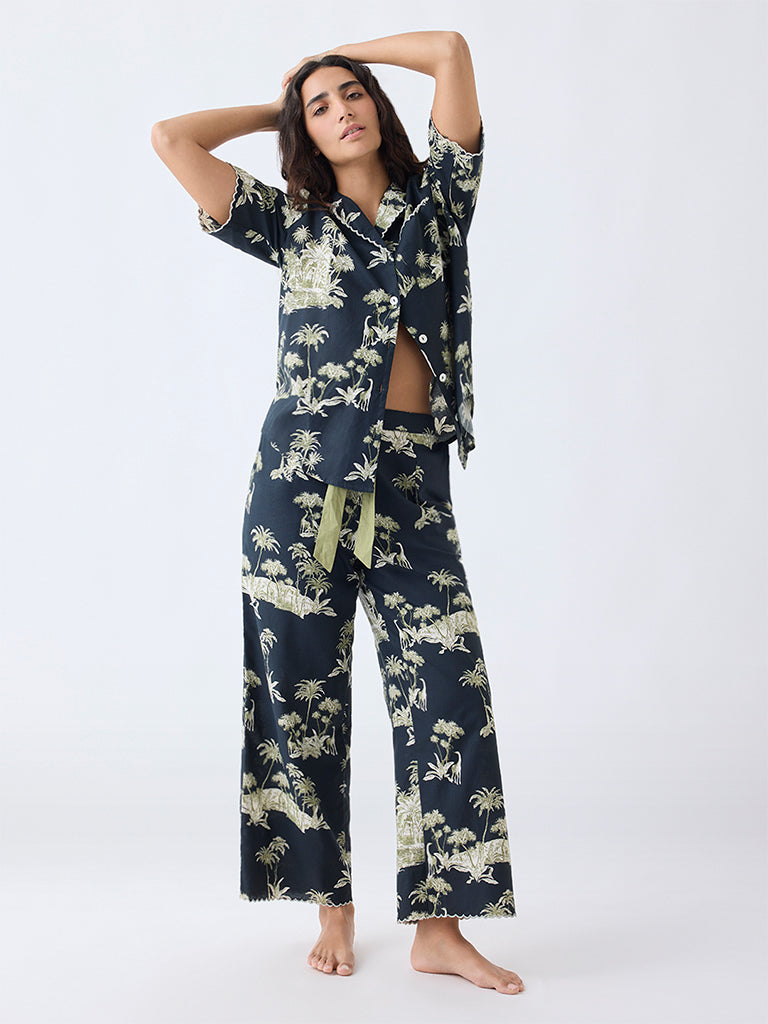 Buy Wunderlove Black Cotton Shirt and Pyjamas Set from Westside