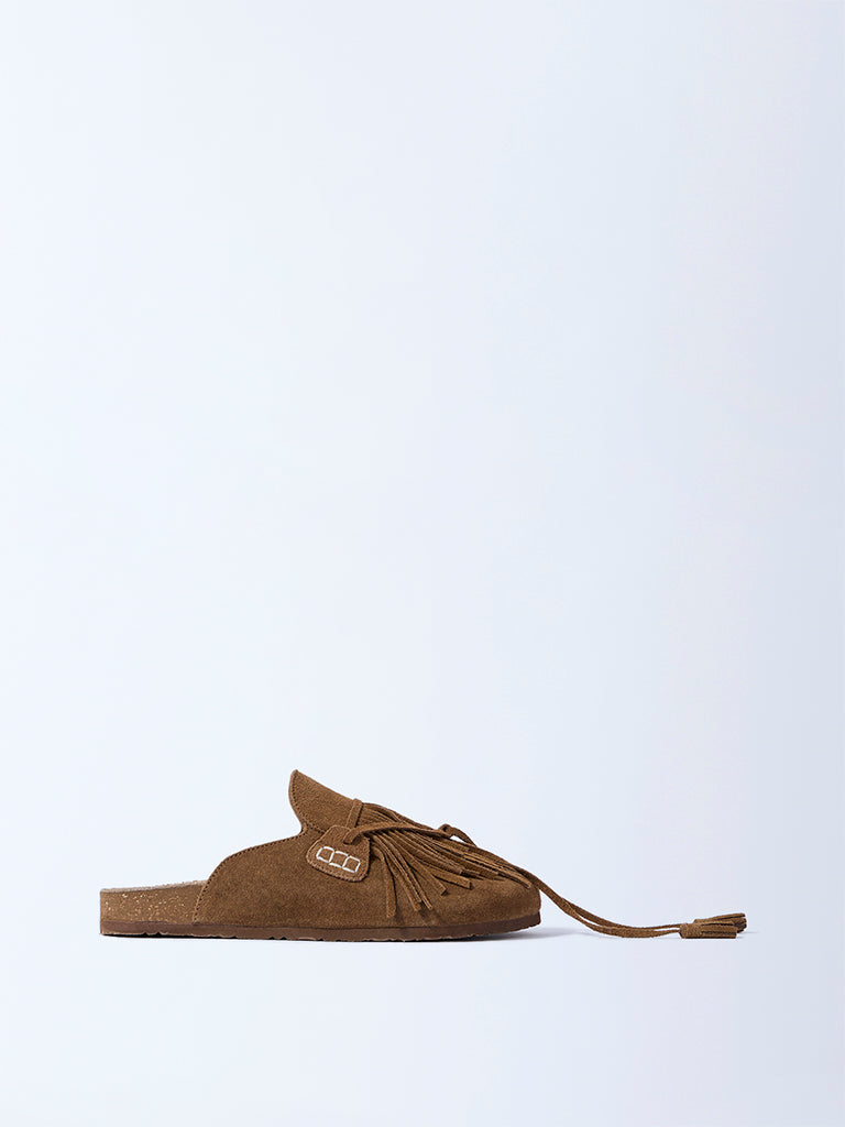 Buy LUNA BLU Tan Fringe Detailed Suede Slip-On Shoes from Westside