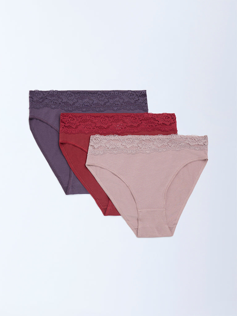 Buy Wunderlove Red Lace Hi-Leg Cotton-Blend Briefs - Pack of 3 from ...
