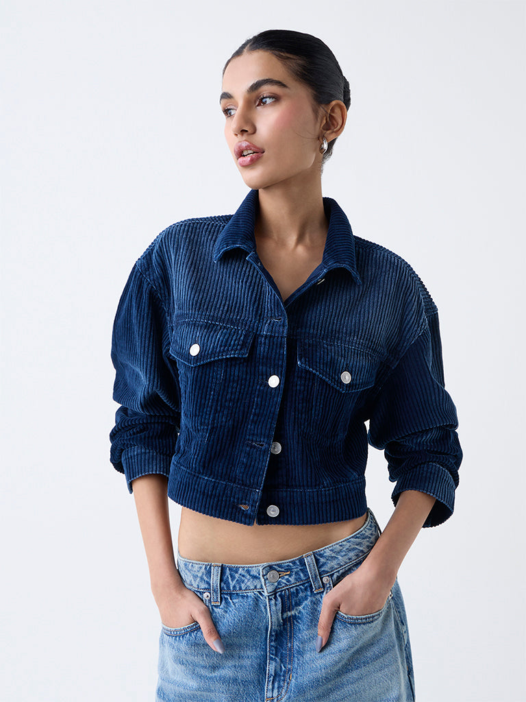 Buy Nuon Dark Blue Corduroy Cotton Jacket from Westside