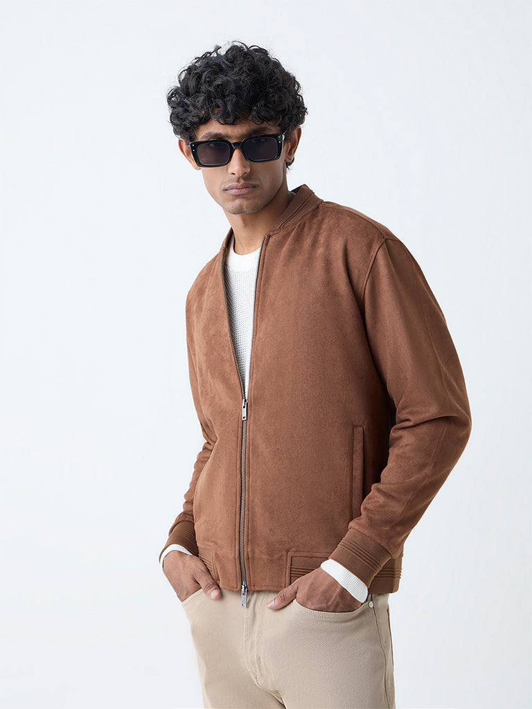 Buy Ascot Tan Solid Relaxed-Fit Suede Jacket from Westside