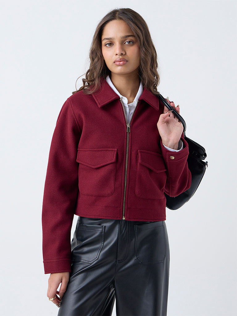 Buy LOV Burgundy Solid Jacket from Westside