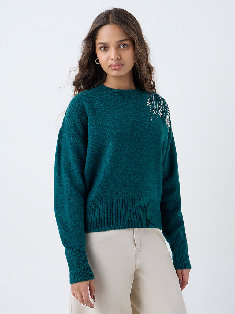 Buy LOV Green Stud-Detailed Sweater from Westside